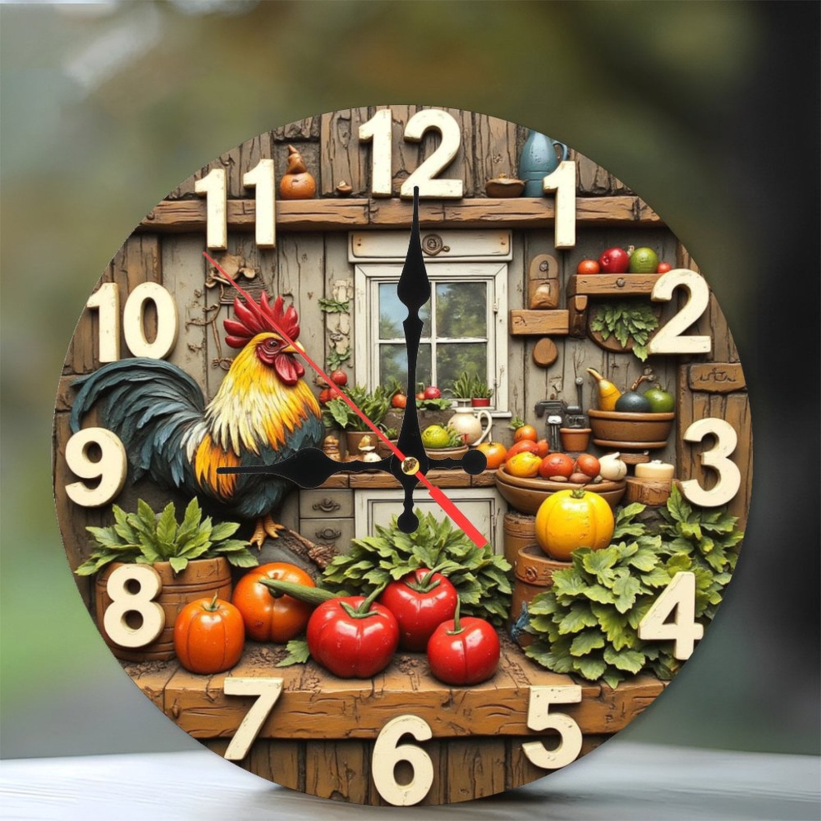 Rustic Farmhouse Rooster Kitchen Wall Clock Decor 10-Inch Silent Wooden ...