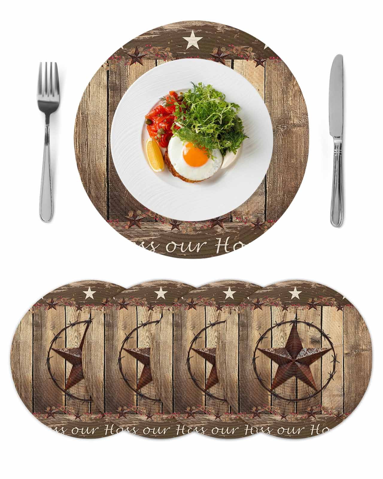 Rustic Farmhouse Round Table Placemats set of 4, Wood Texture Barn Star ...