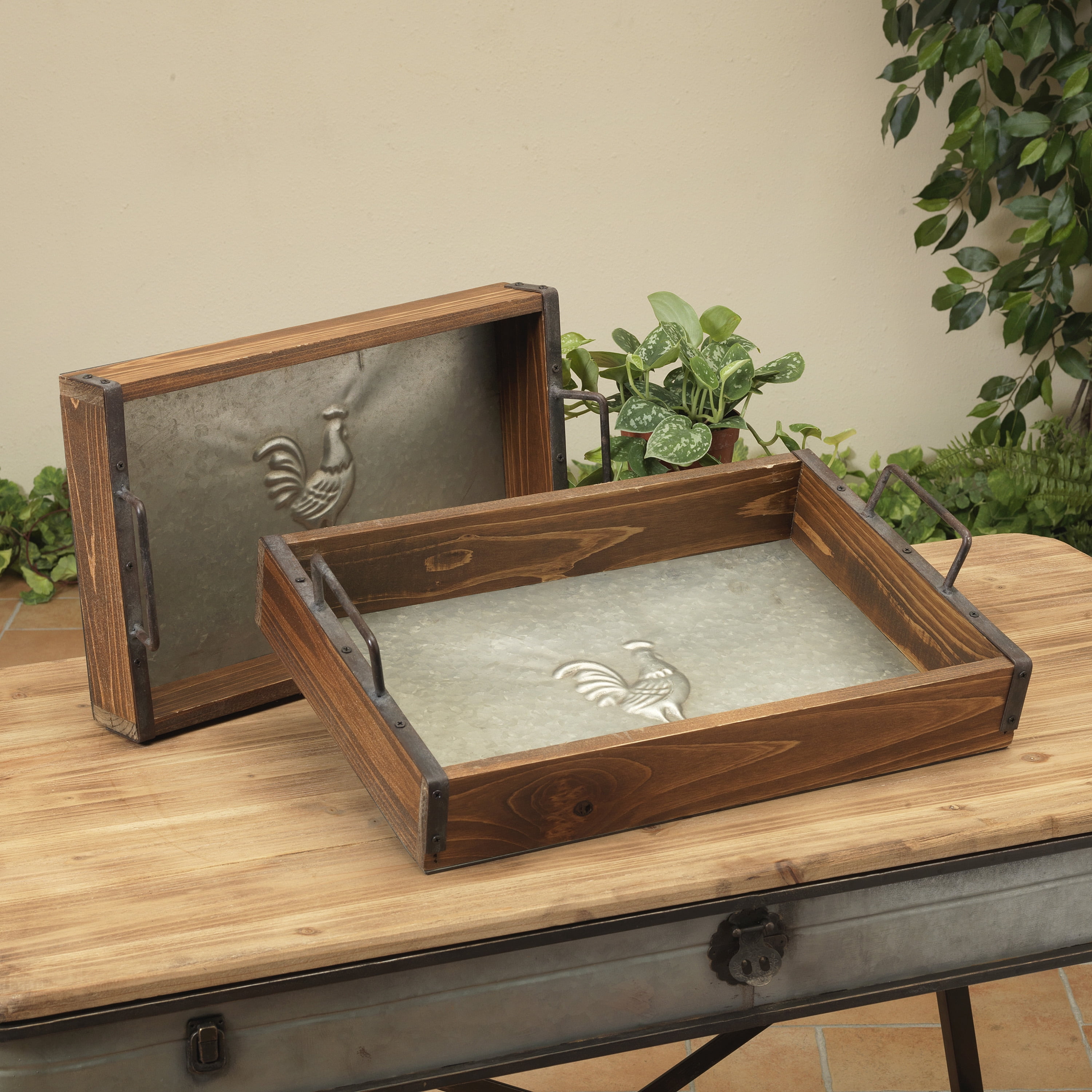 Rustic Farmhouse Set of 2 Metal and Wood Decorative Trays - Walmart.com