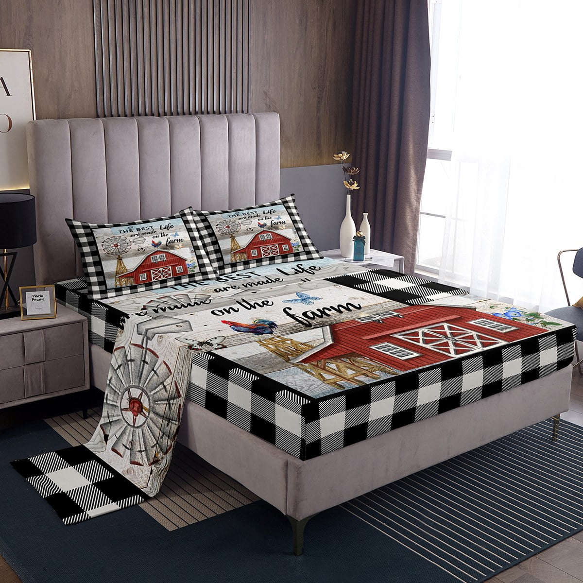 Rustic Farmhouse Sheets Windmill Decor Bed Sheets Set Rooster Red Barn ...