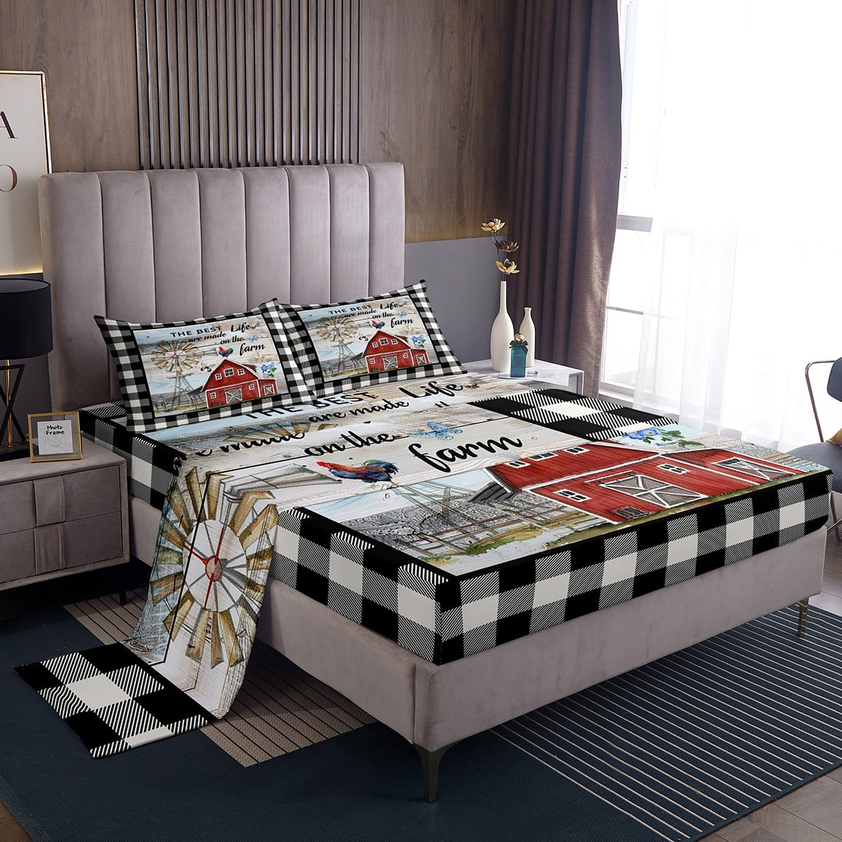 Rustic Farmhouse Sheets Windmill Decor Bed Sheets Set Rooster Red Barn ...