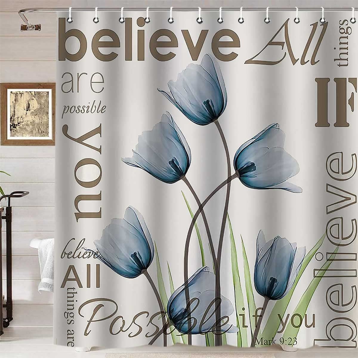 Rustic Farmhouse Shower Curtain, Blue Butterfly White Cotton Flower ...