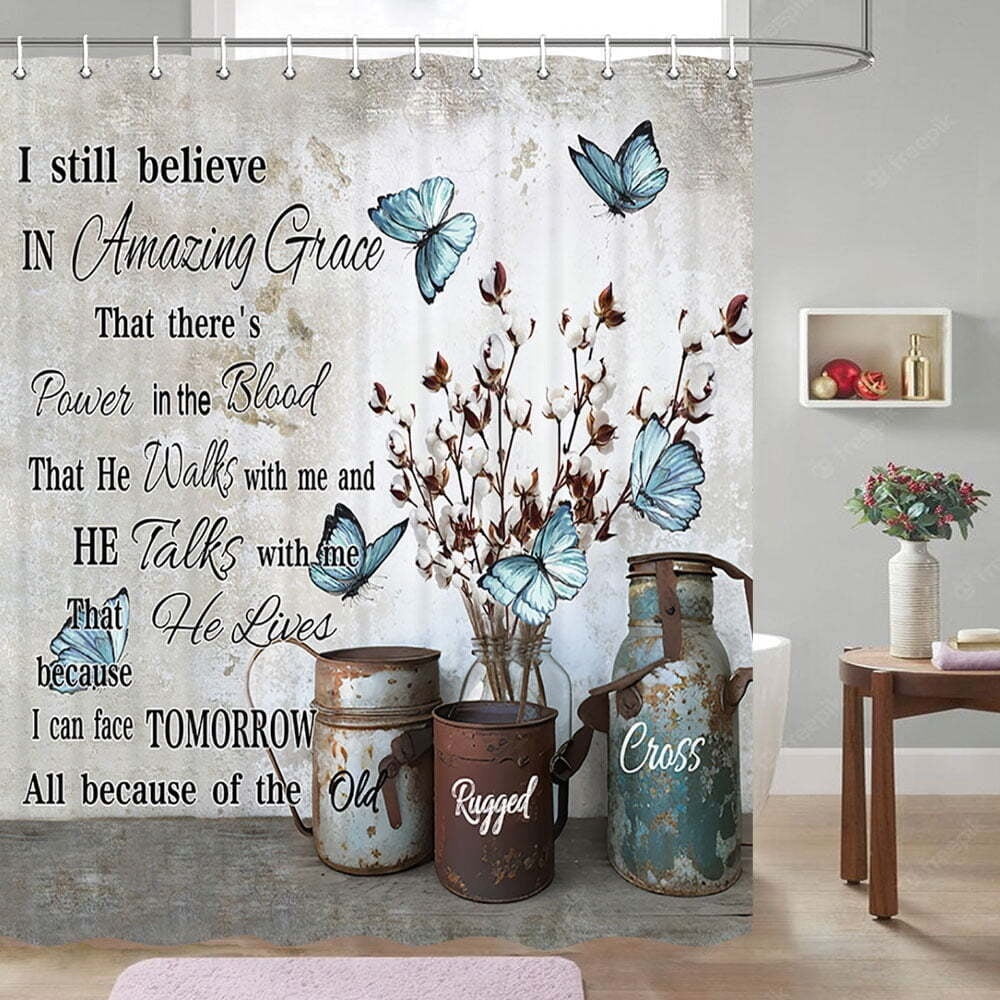Rustic Farmhouse Shower Curtain, Blue Butterfly White Cotton Flower ...
