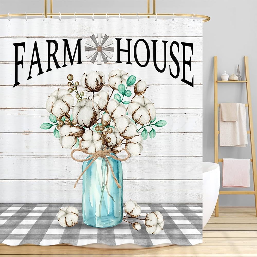 Rustic Farmhouse Shower Curtain, Country Floral Cotton Flower on Black ...