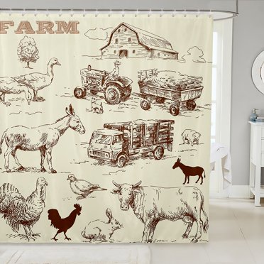 Charming Goat Shower Curtain with Blue Illustration & Grass Design ...