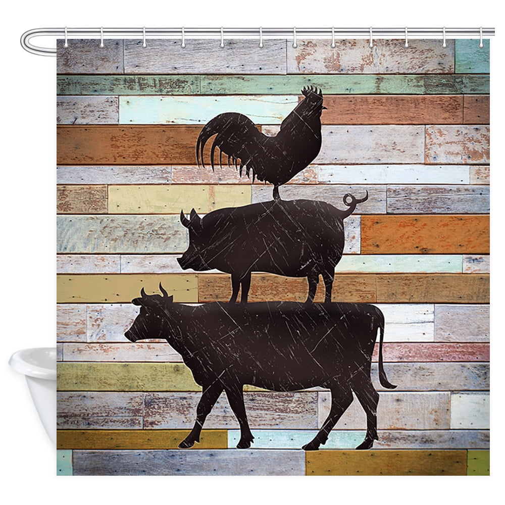 Rustic Farmhouse Shower Curtain, Farm Animal Cow Chicken and Pig ...