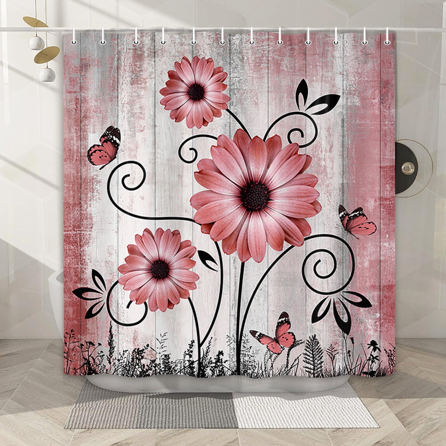 Rustic Farmhouse Shower Curtain, Farm Pink Daisy Flowers Butterfly on ...