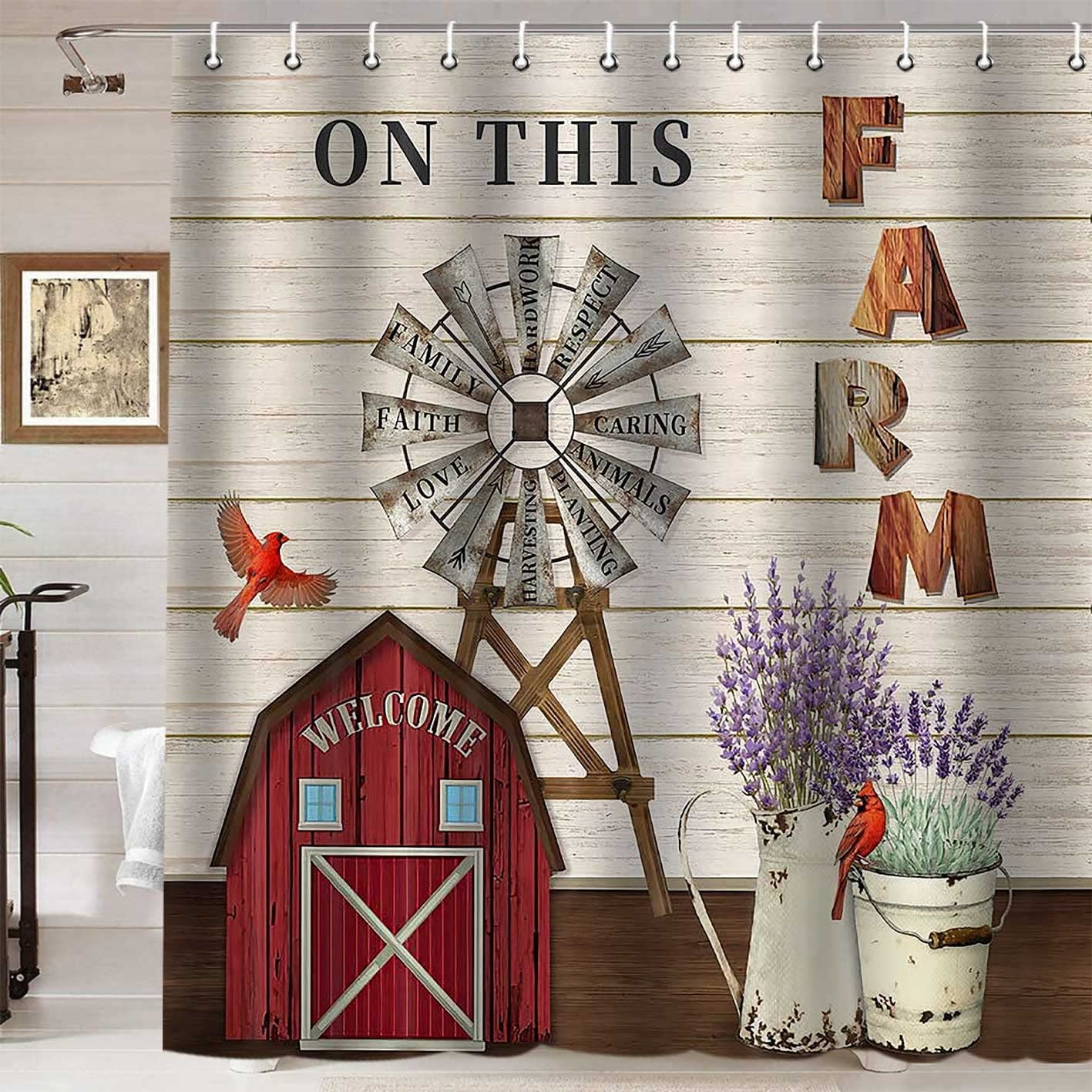 Rustic Farmhouse Shower Curtain, Farm Red Barn Cardinal Purple Lavender ...