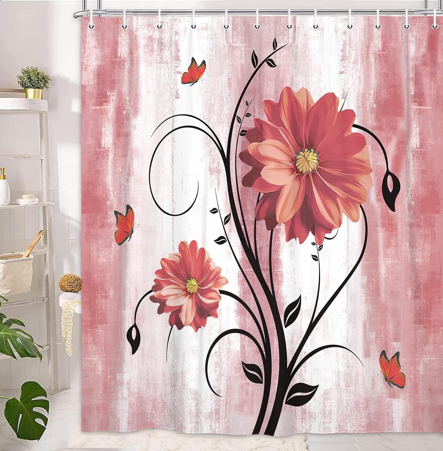 Rustic Farmhouse Shower Curtain, Farm Red Daisy Floral Flowers and ...