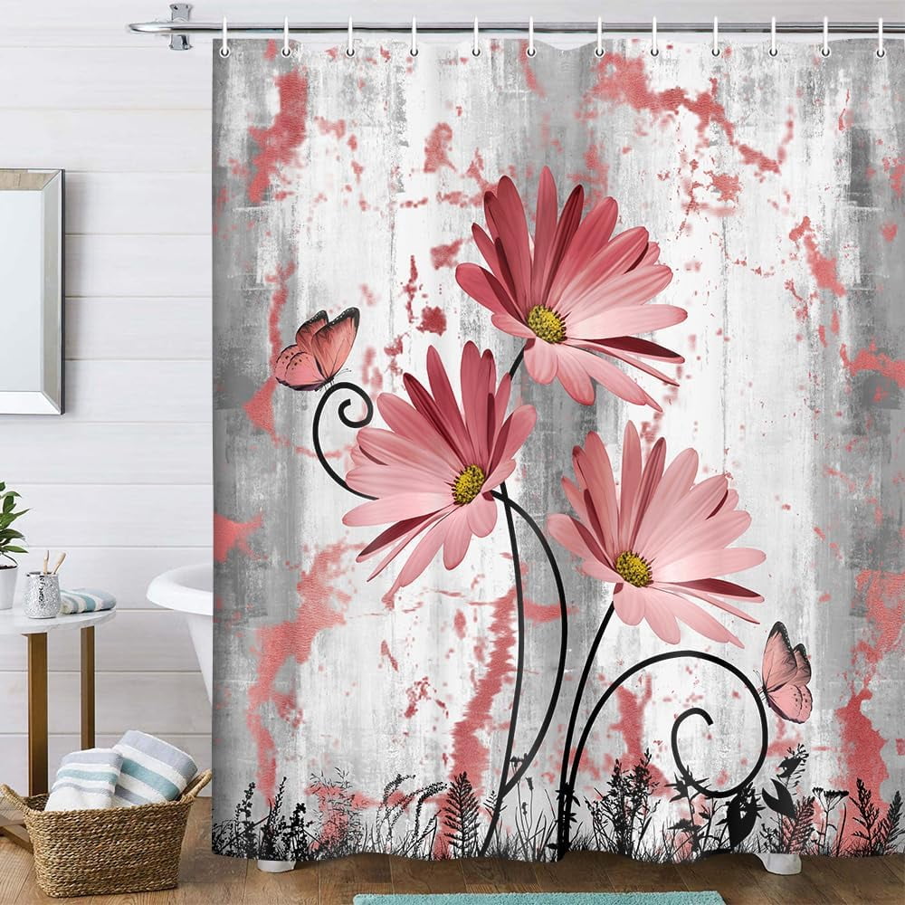 Rustic Farmhouse Shower Curtain, Farm Red Grey Daisy Floral Flowers and ...