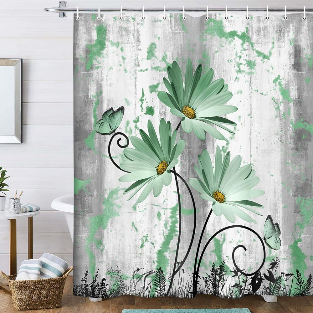 Rustic Farmhouse Shower Curtain, Farm Sage Green Grey Daisy Floral ...