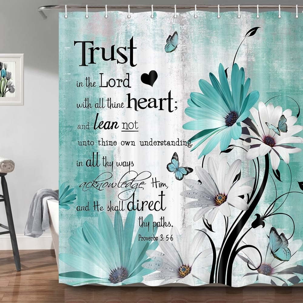 Rustic Farmhouse Shower Curtain, Farm Teal Daisy Bible Verse ...