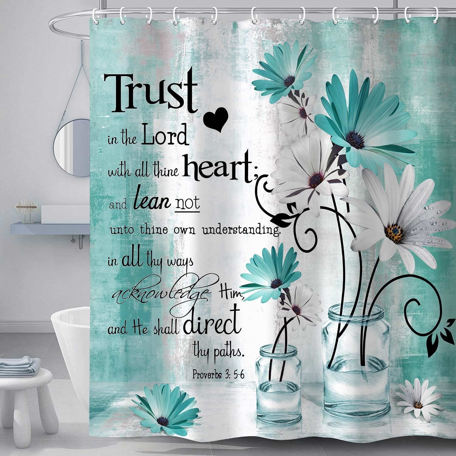 Rustic Farmhouse Shower Curtain, Farm Teal Daisy Bible Verse ...