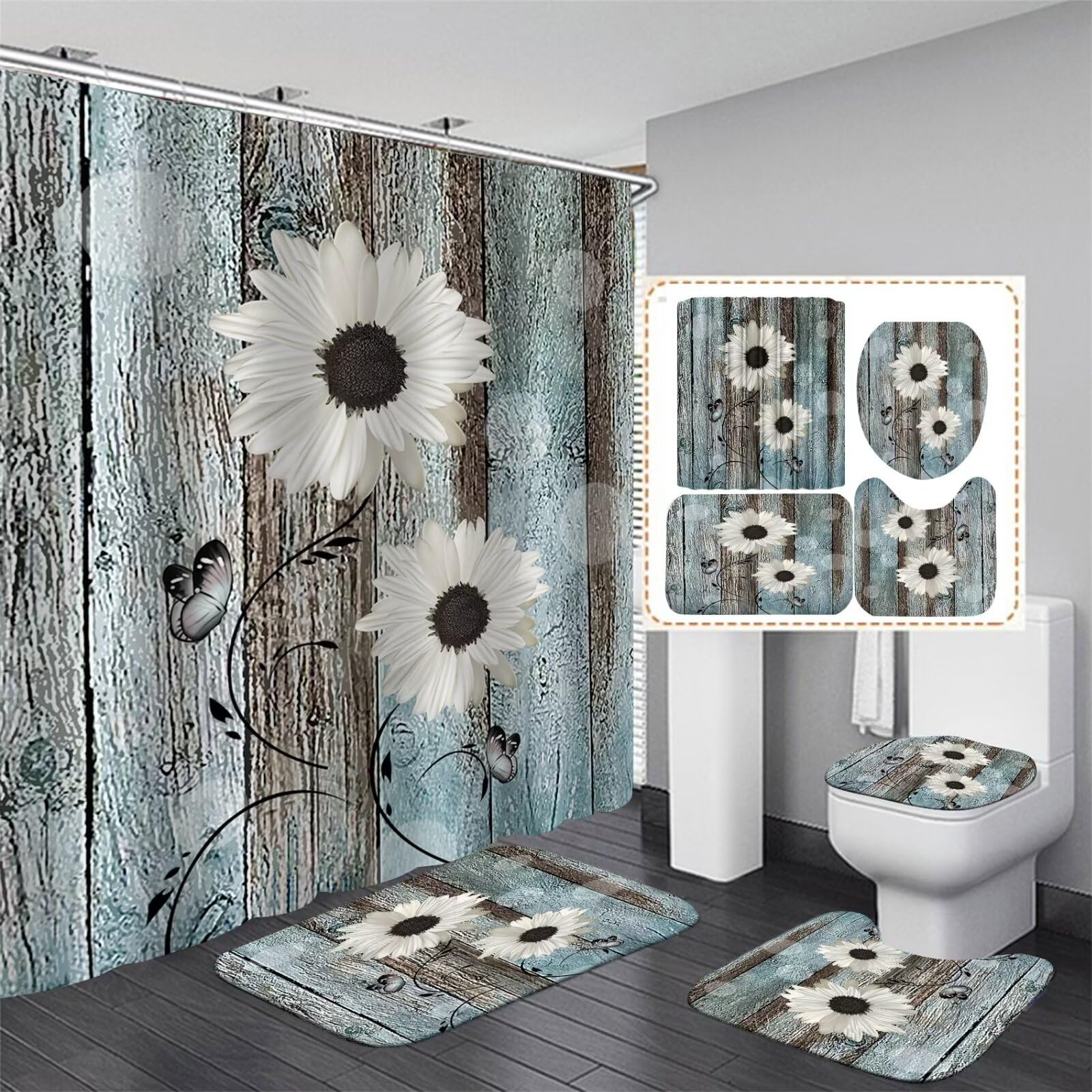 Rustic Farmhouse Shower Curtain Set 4pcs Farm Teal Daisy Floral ...