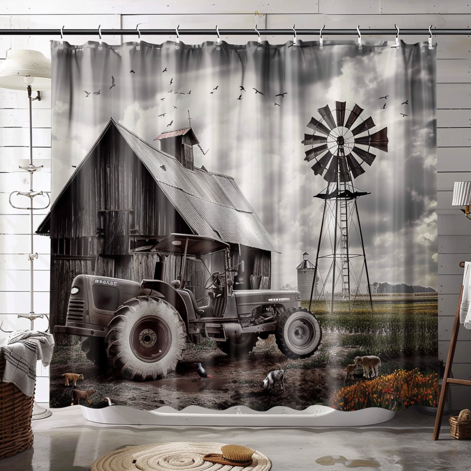 Rustic Farmhouse Shower Curtain Set with Vintage Tractor and Windmill ...