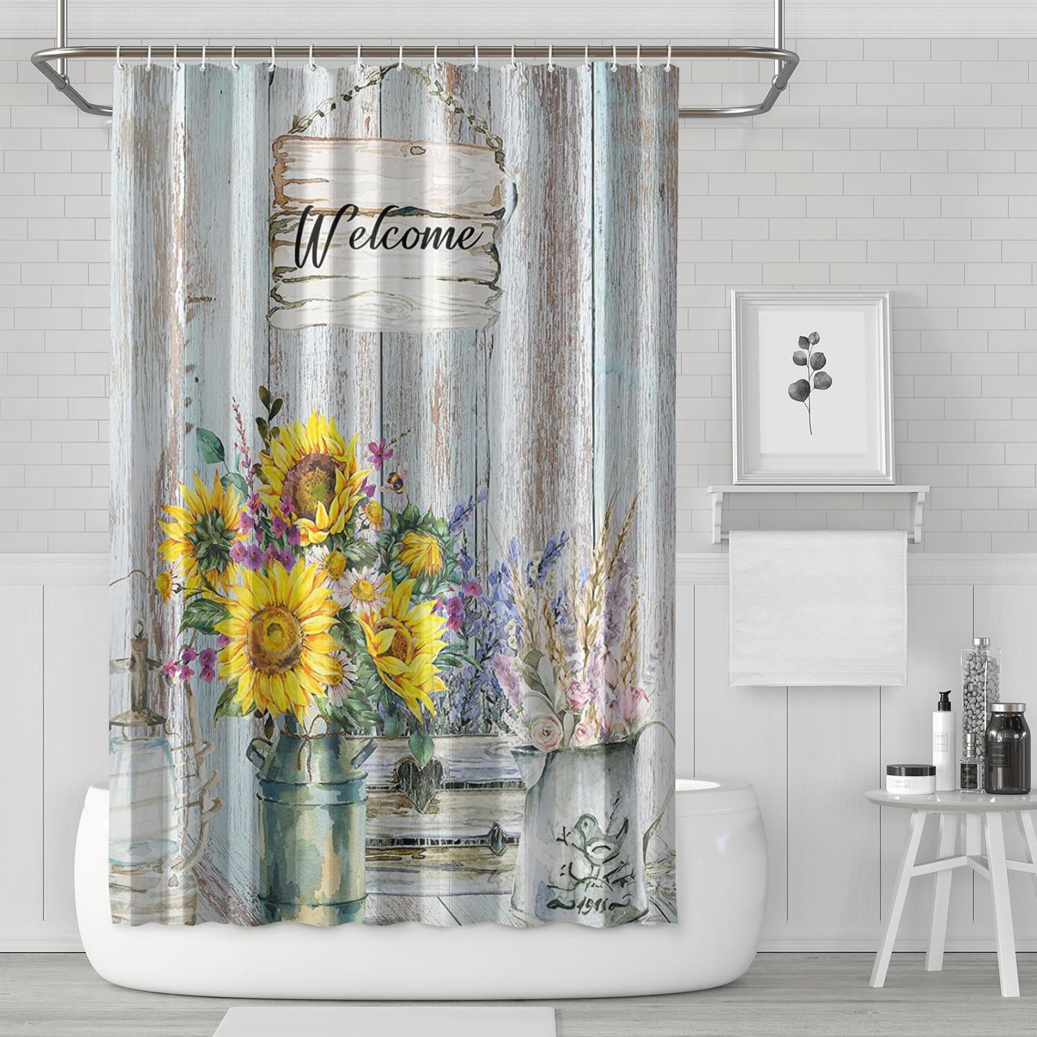 Rustic Farmhouse Shower Curtain,Sunflower Floral Shower Curtains Sets ...