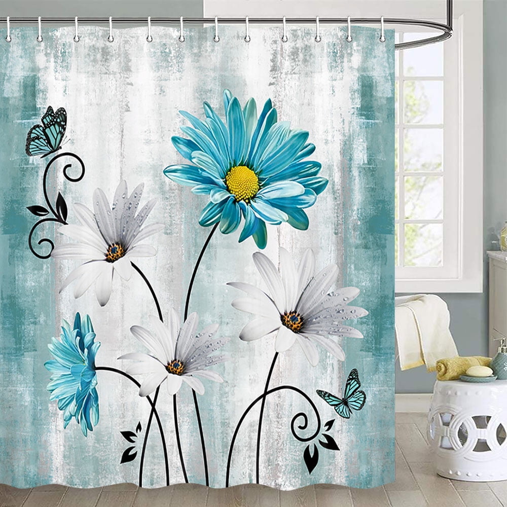 Rustic Farmhouse Shower Curtaini, Blue Teal Butterfly Cotton Flower ...
