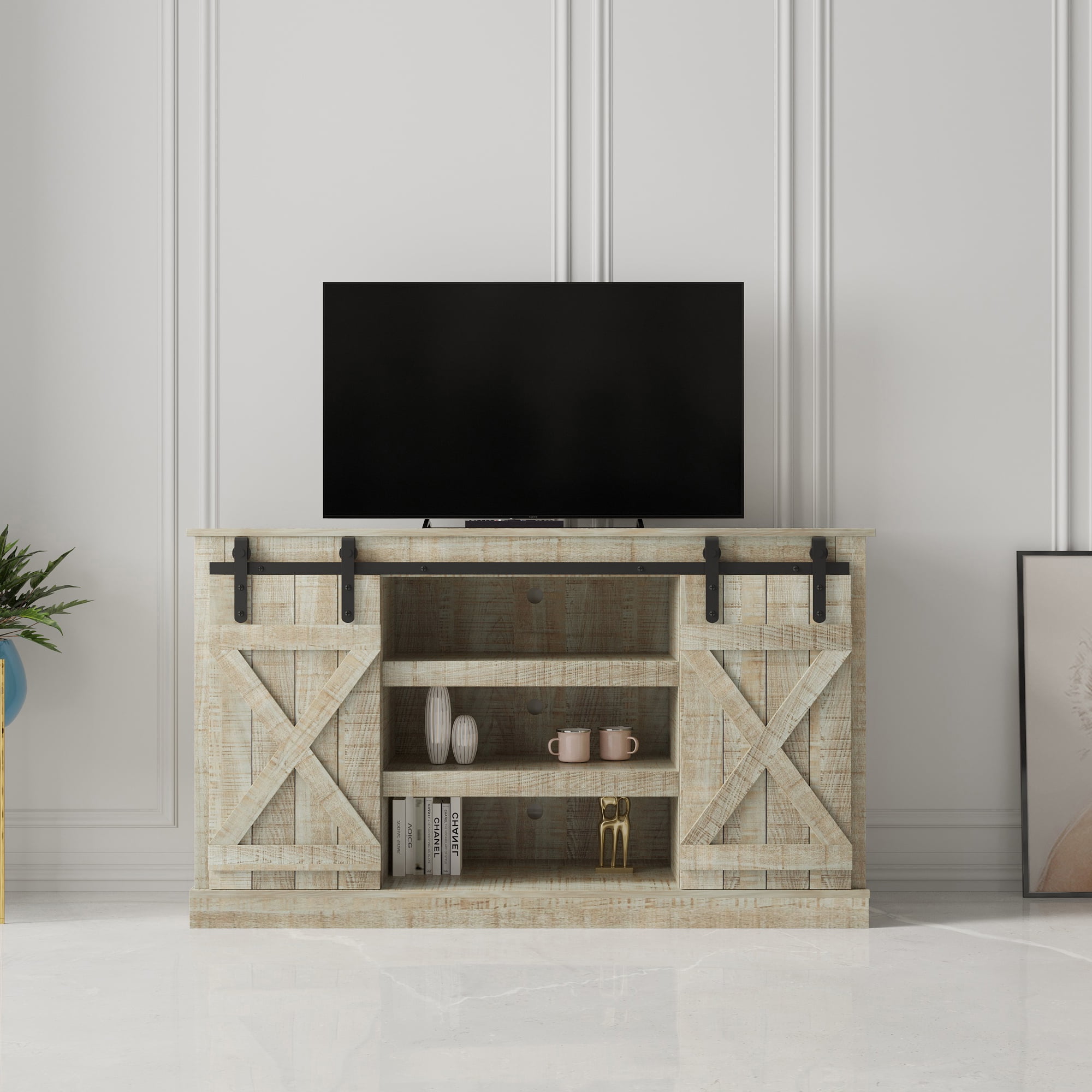 Rustic Farmhouse Sliding Barn Door TV Stand, 60 Flat Screen Storage ...