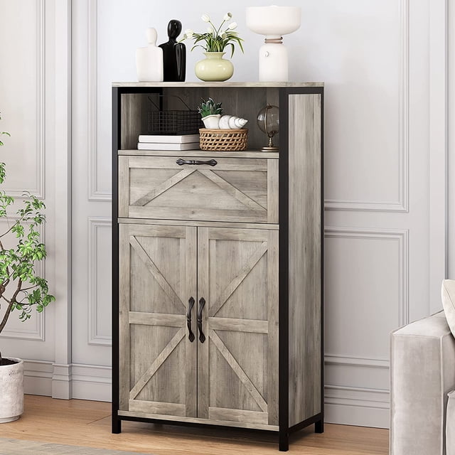 Wpond Rustic Farmhouse Storage Cabinet with Barn Door and Drawer, Gray ...