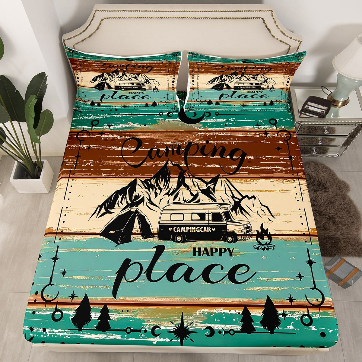 Rustic Farmhouse Style Bed Sheets, Happy Camping Bedding Set for Boys ...