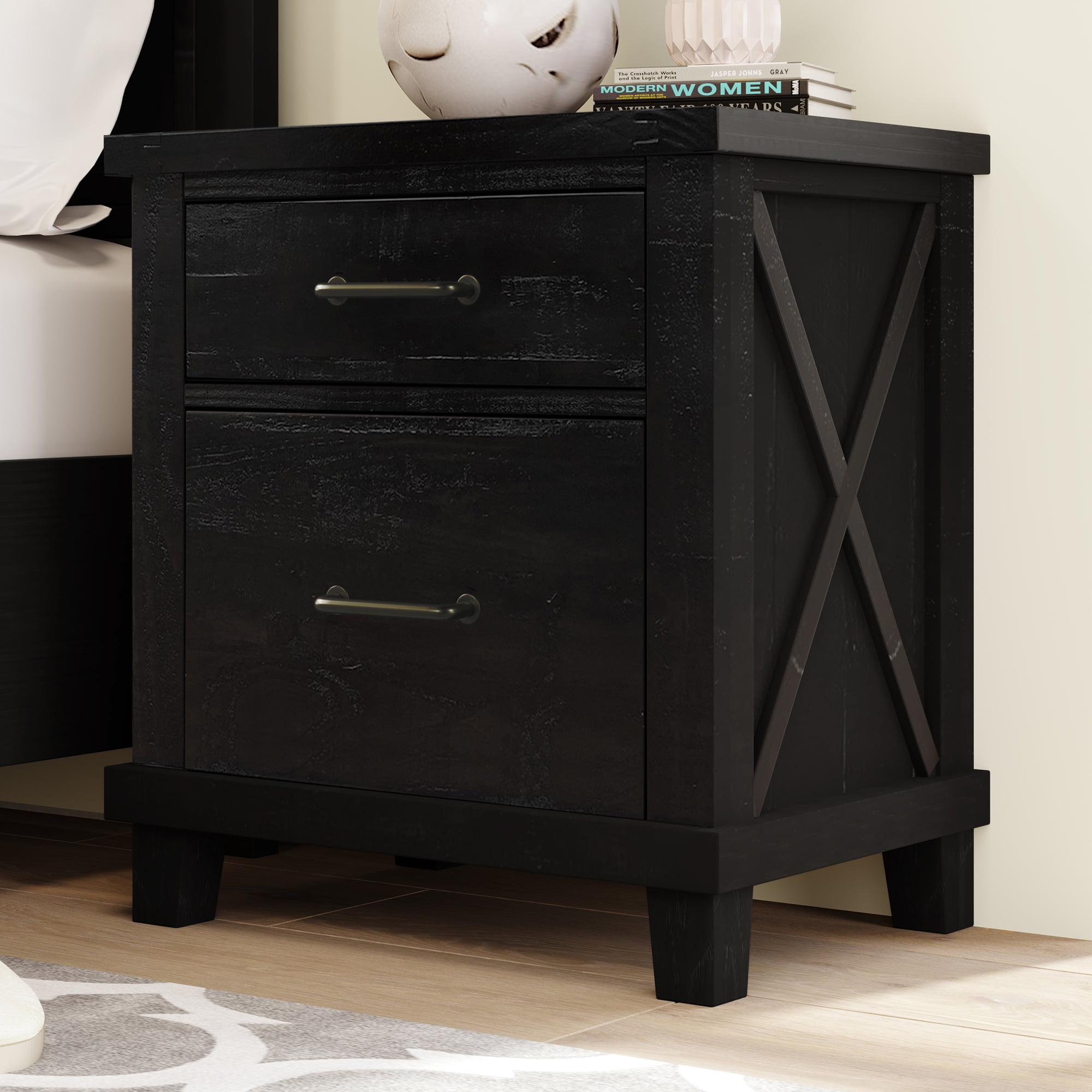 Rustic Farmhouse Style Solid Pine Wood Two-Drawer Nightstand for ...