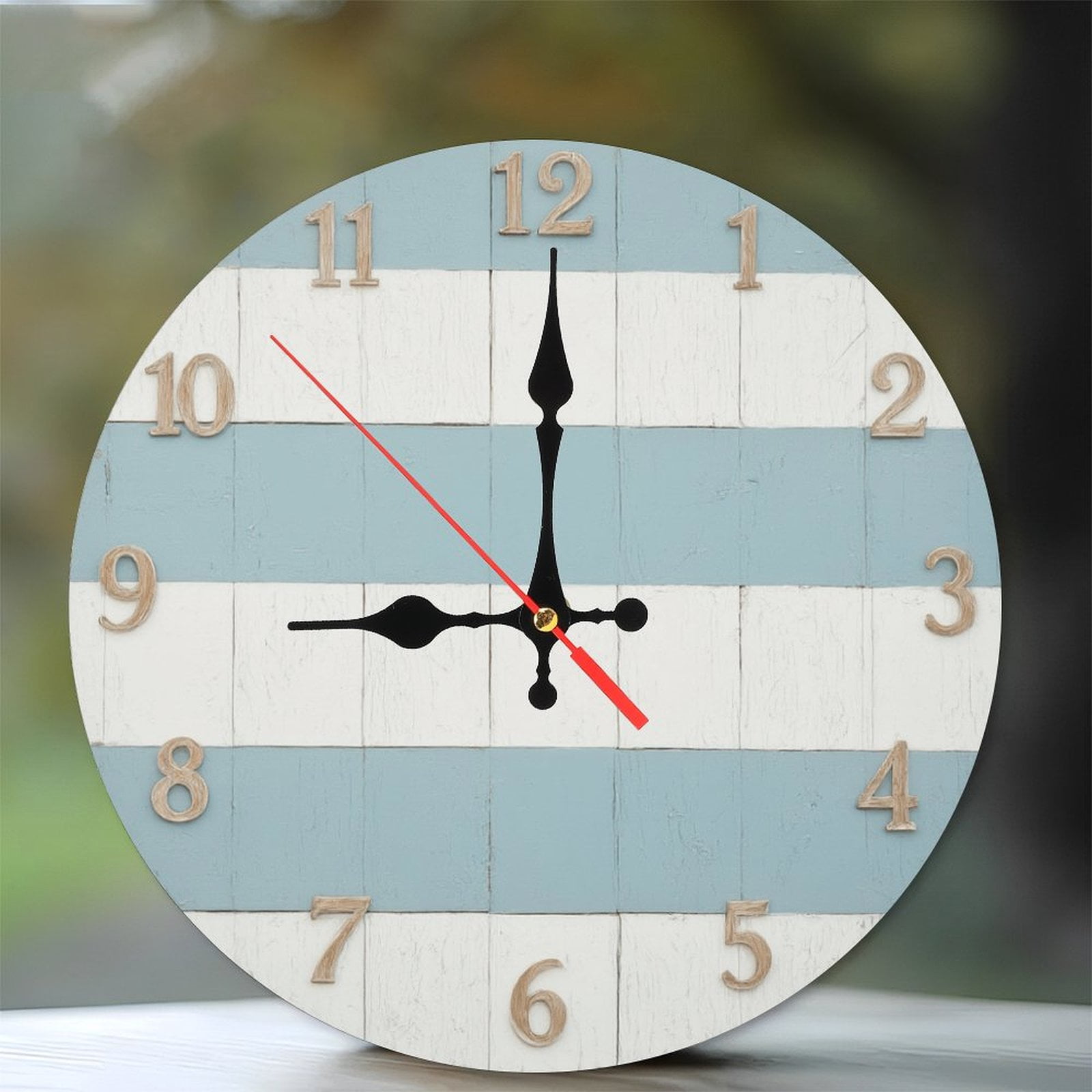 Rustic Farmhouse Style Wall Clock Blue White Striped Wood 10-Inch ...