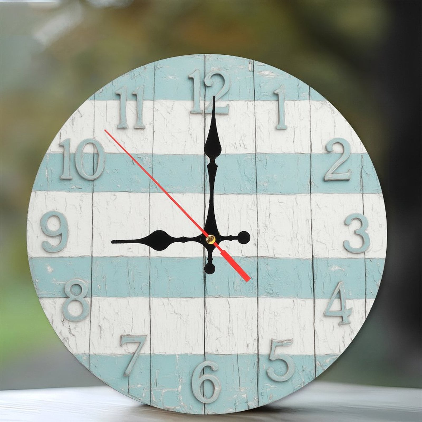 Rustic Farmhouse Style Wall Clock Blue White Wood Decor 10-Inch Silent ...