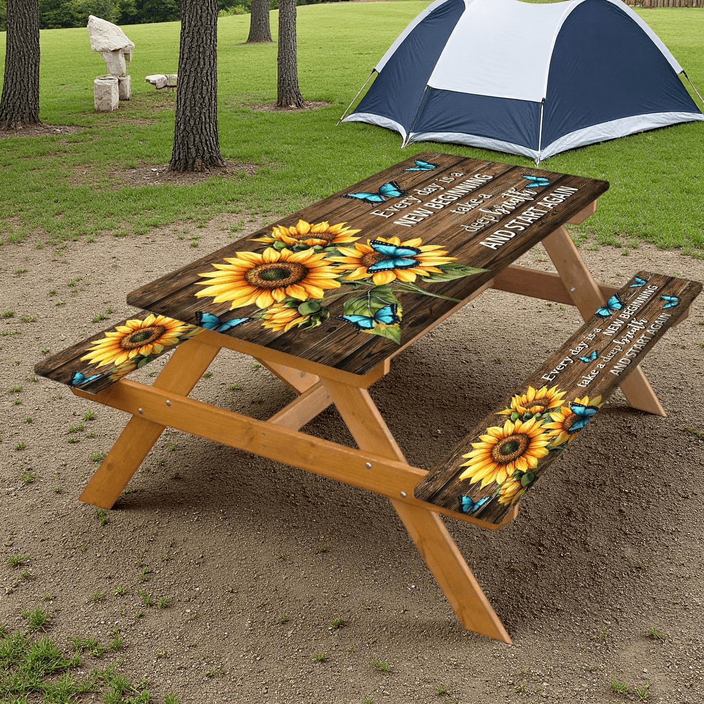 Rustic Farmhouse Sunflower Picnic Table Cover with Bench Covers ...