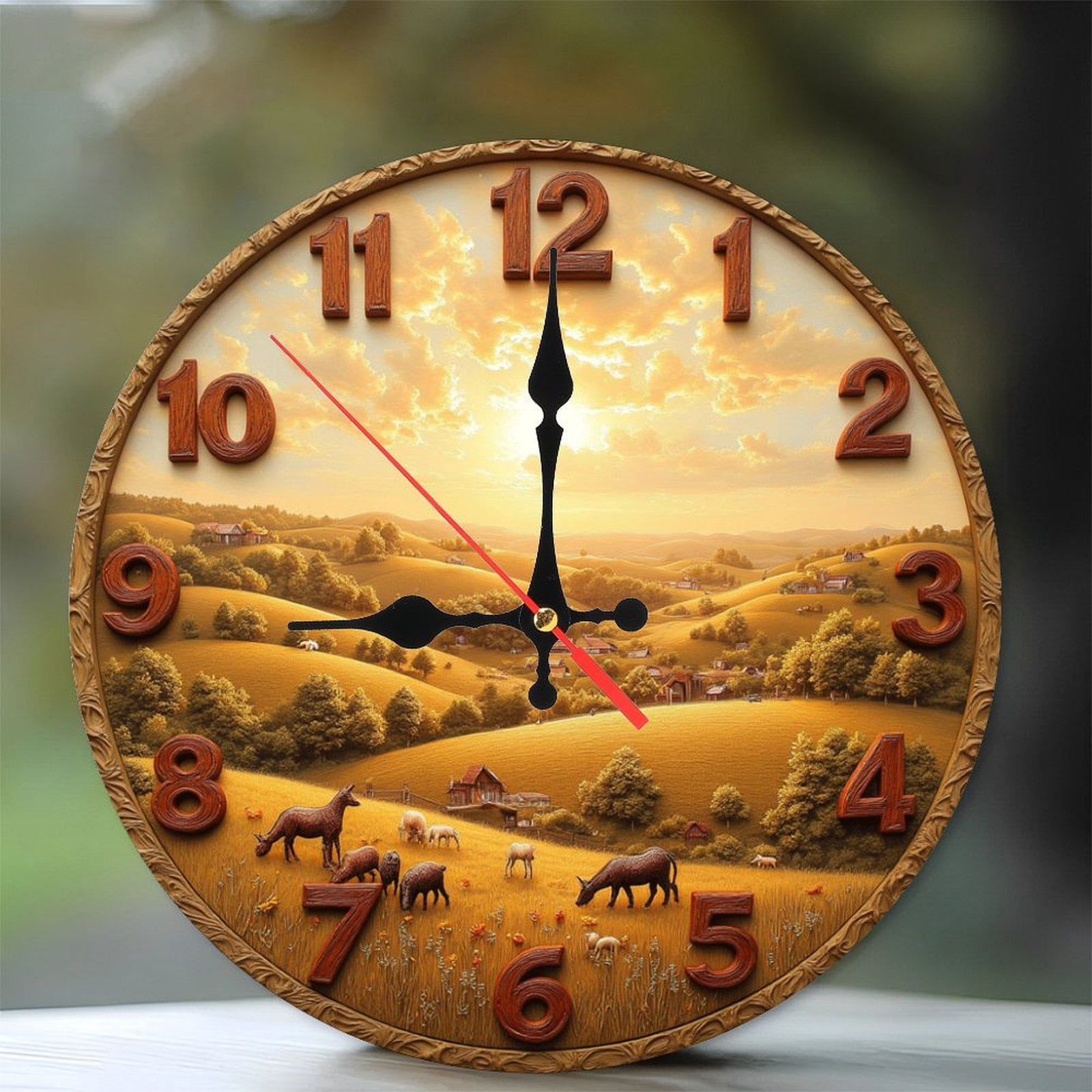 Rustic Farmhouse Sunset Landscape Wall Clock 10-Inch Silent Wooden Wall ...