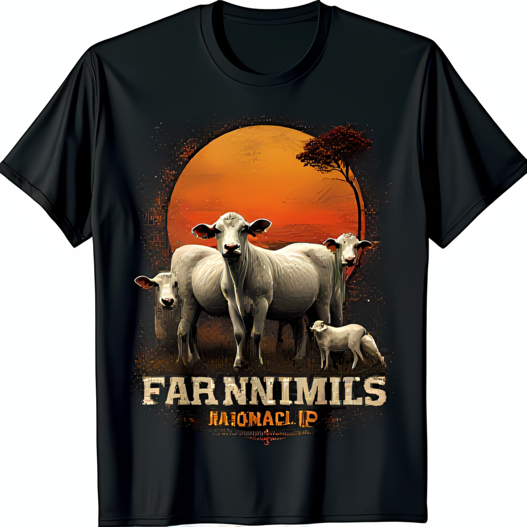 Rustic Farmhouse T-Shirt with Vintage Sunset Cows & Calf Design Black ...