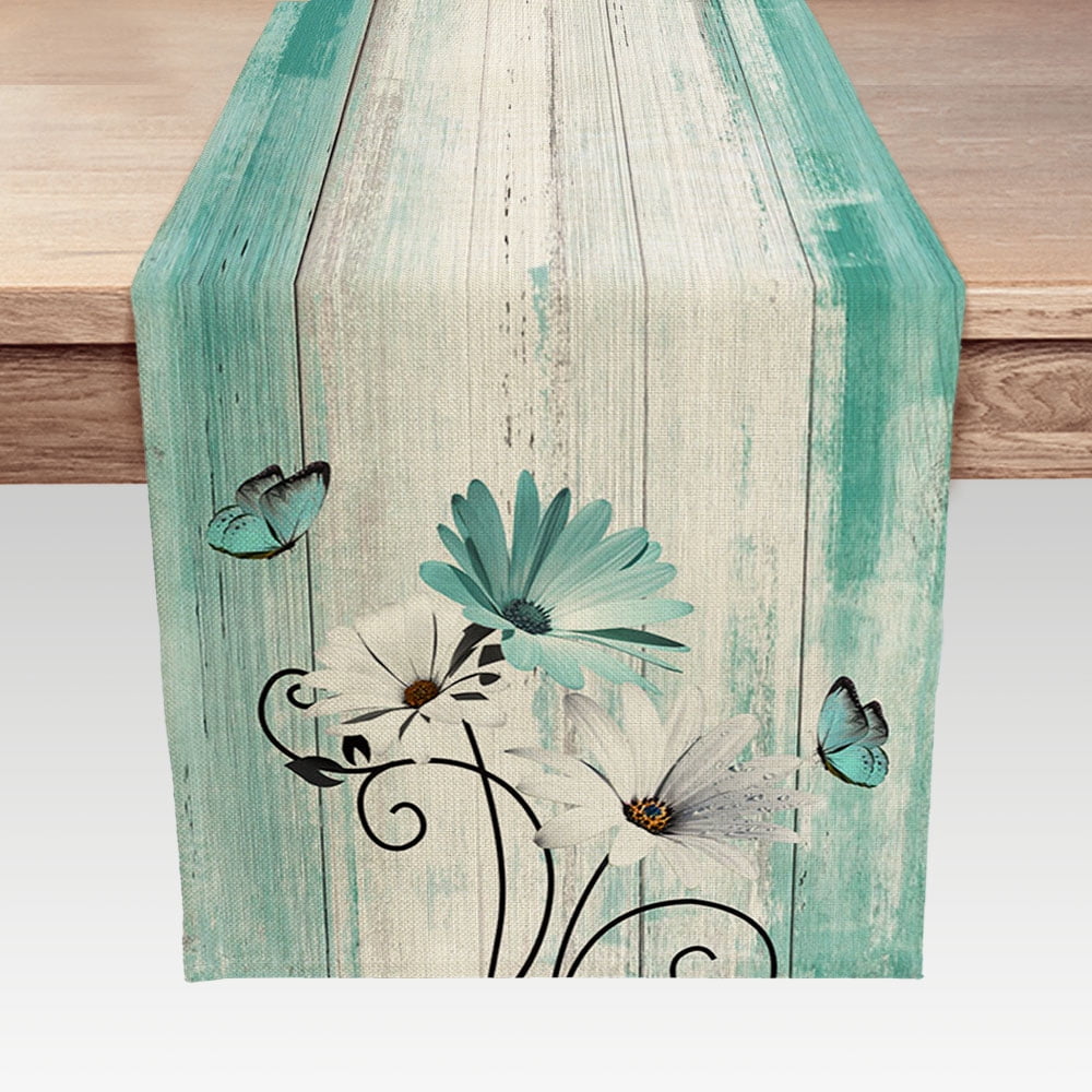 Rustic Farmhouse Table Runner, Teal Daisy Floral Flowers and Butterfly ...