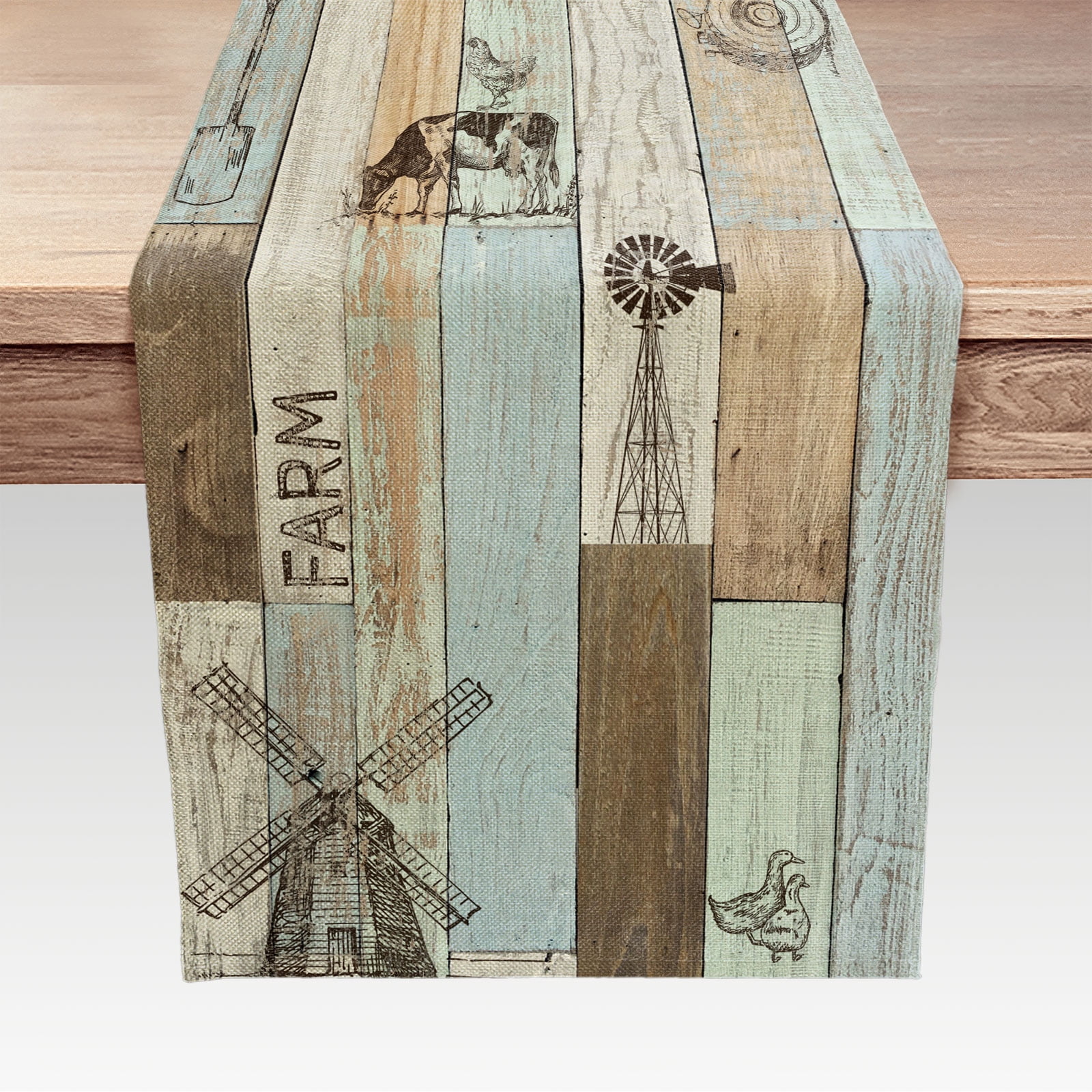 Rustic Farmhouse Table Runners, Teal Blue Brown Wood Striped Linens ...