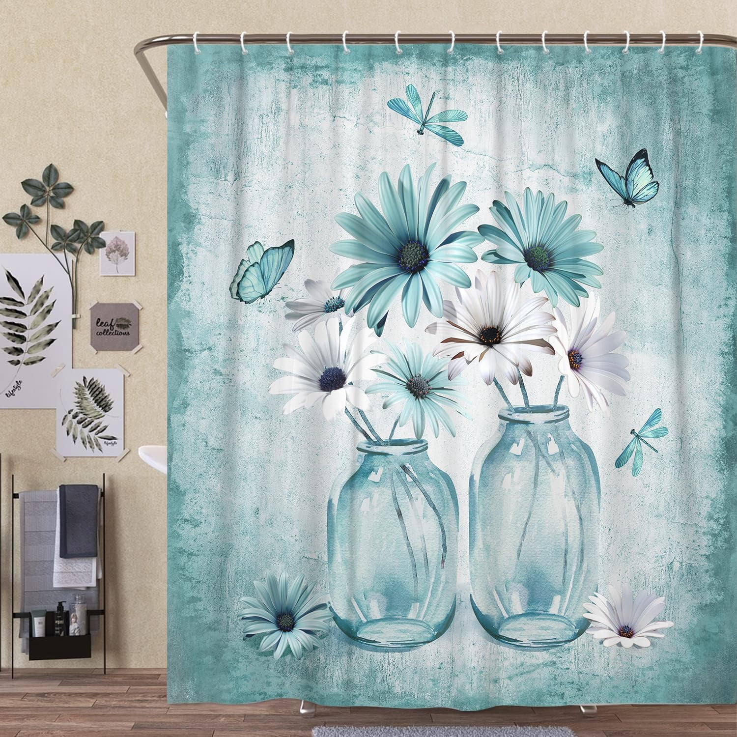 Rustic Farmhouse Teal Floral Shower Curtain, Sage Green Daisy Flowers ...