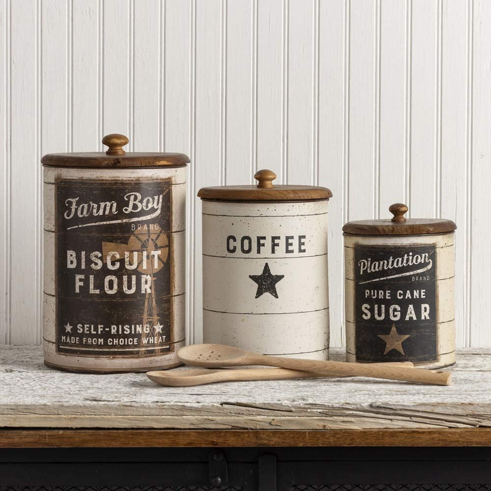 Farmhouse Tin Canisters Set of 3 for Sugar Coffee Flour Storage ...
