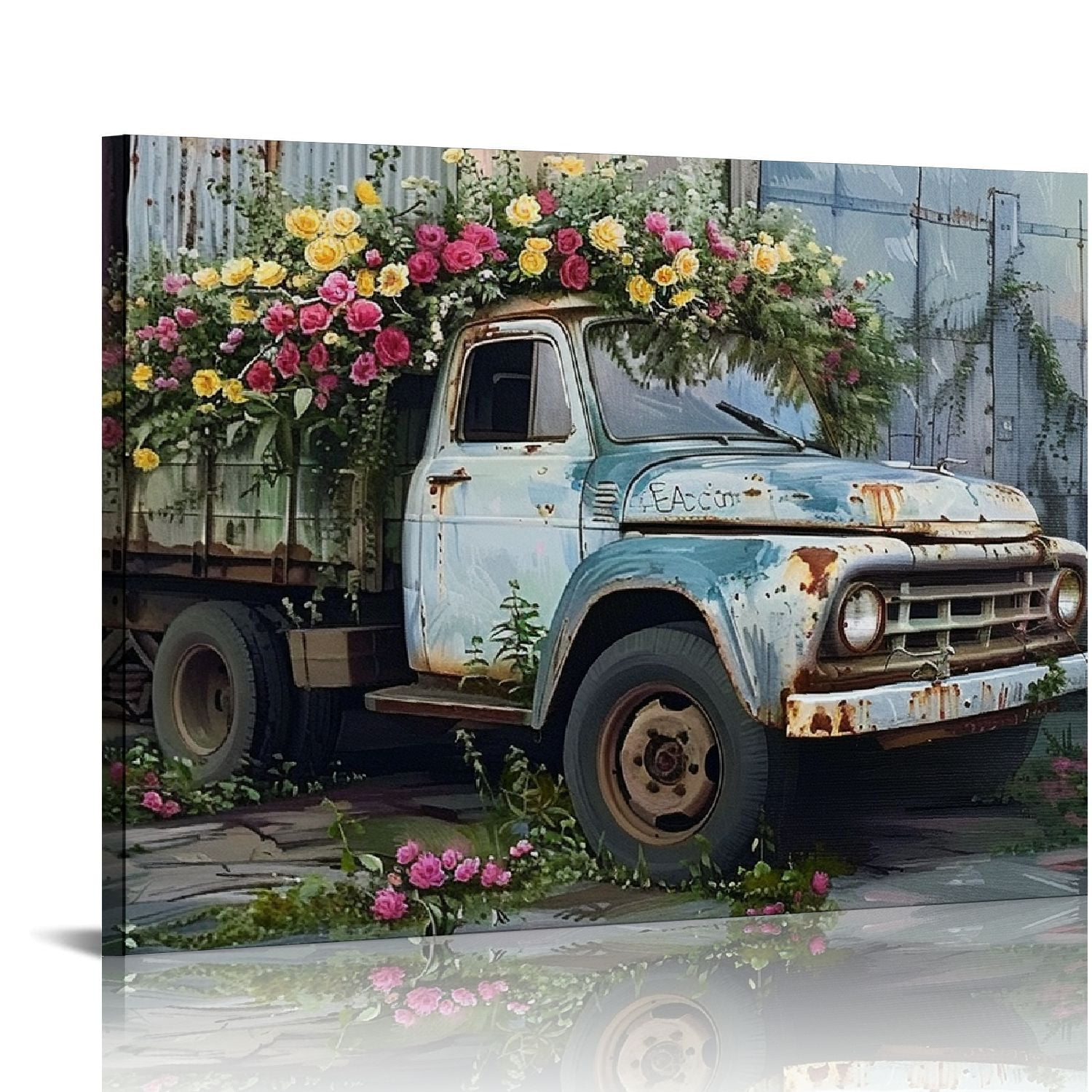 Rustic Farmhouse Truck Flowers Canvas Wall Art Vintage Barn Old Car and ...
