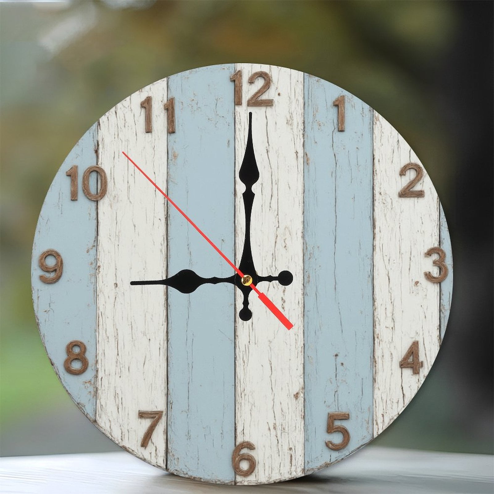 Rustic Farmhouse Wall Clock Blue White Striped Wood 10-Inch Silent ...