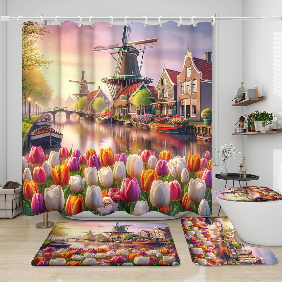 Rustic Farmhouse Windmill 4 Piece Shower Curtain Sets,Retro Cartoon ...