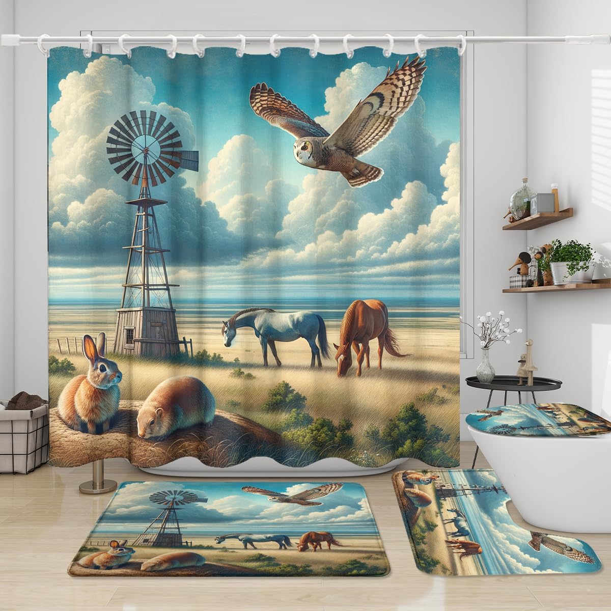 Rustic Farmhouse Windmill 4 Piece Shower Curtain Sets,Retro Cartoon ...