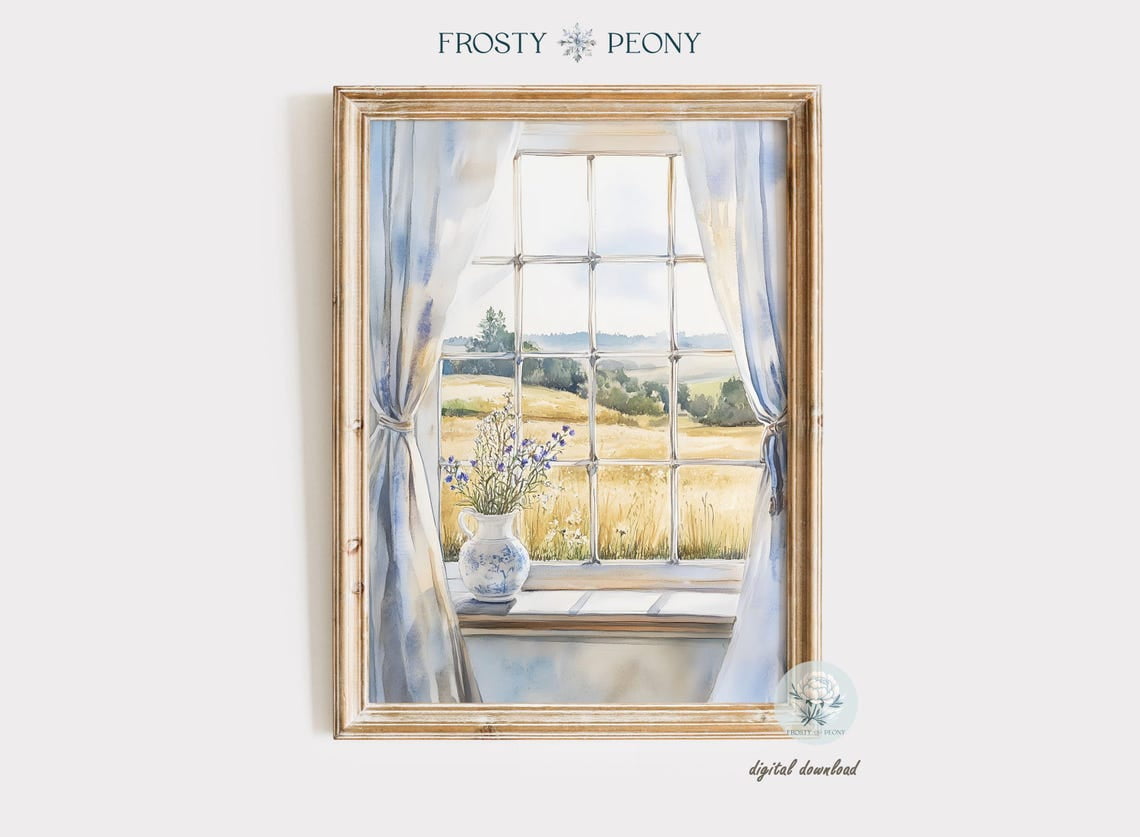 Rustic Farmhouse Window View Art Print, Countryside Floral Landscape ...