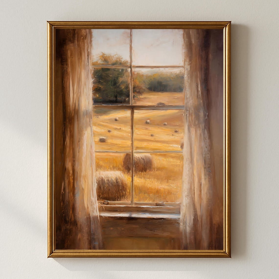 Rustic Farmhouse Window View Wall Art, Autumn Hay Bale Landscape Print ...