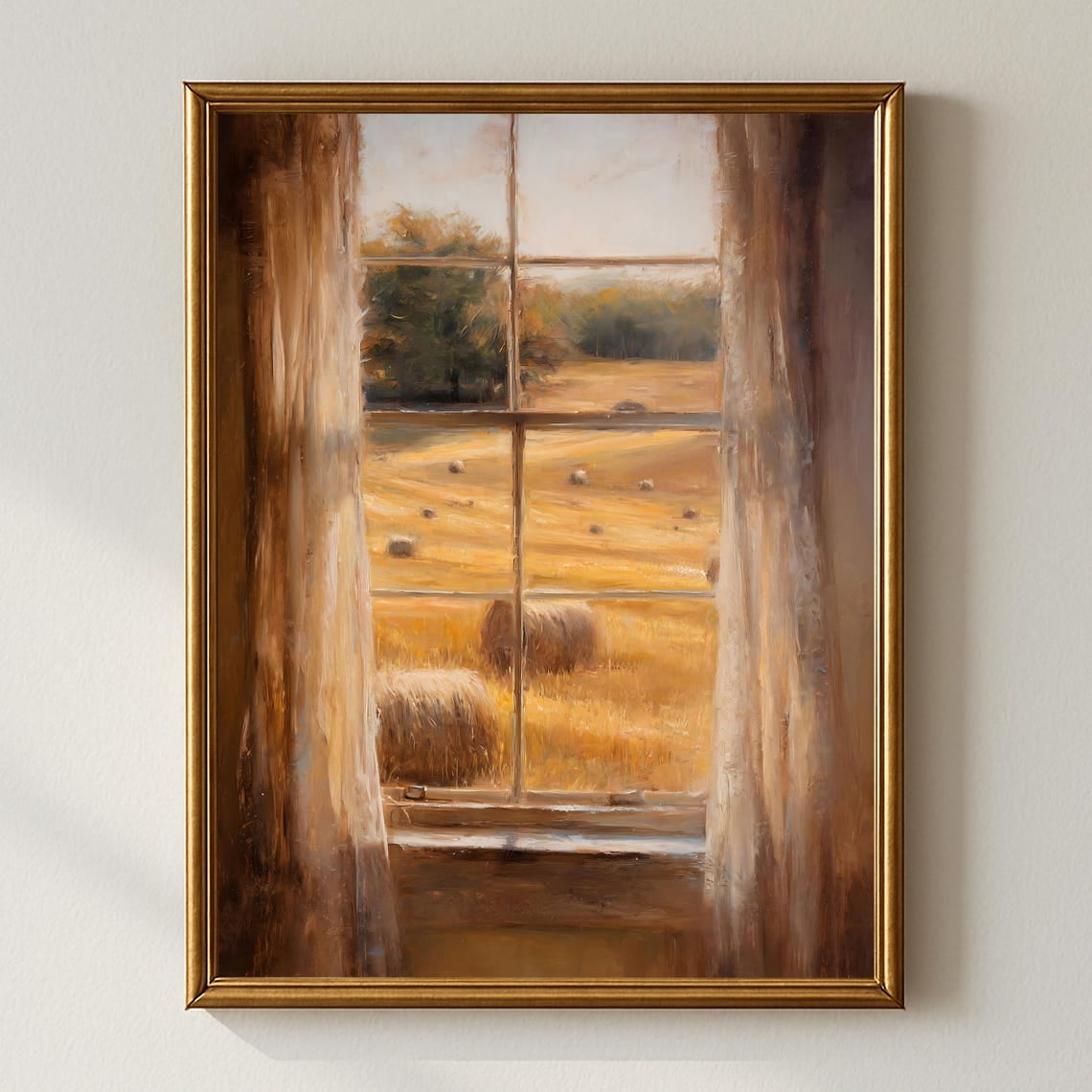 Rustic Farmhouse Window View Wall Art, Autumn Hay Bale Landscape Print ...