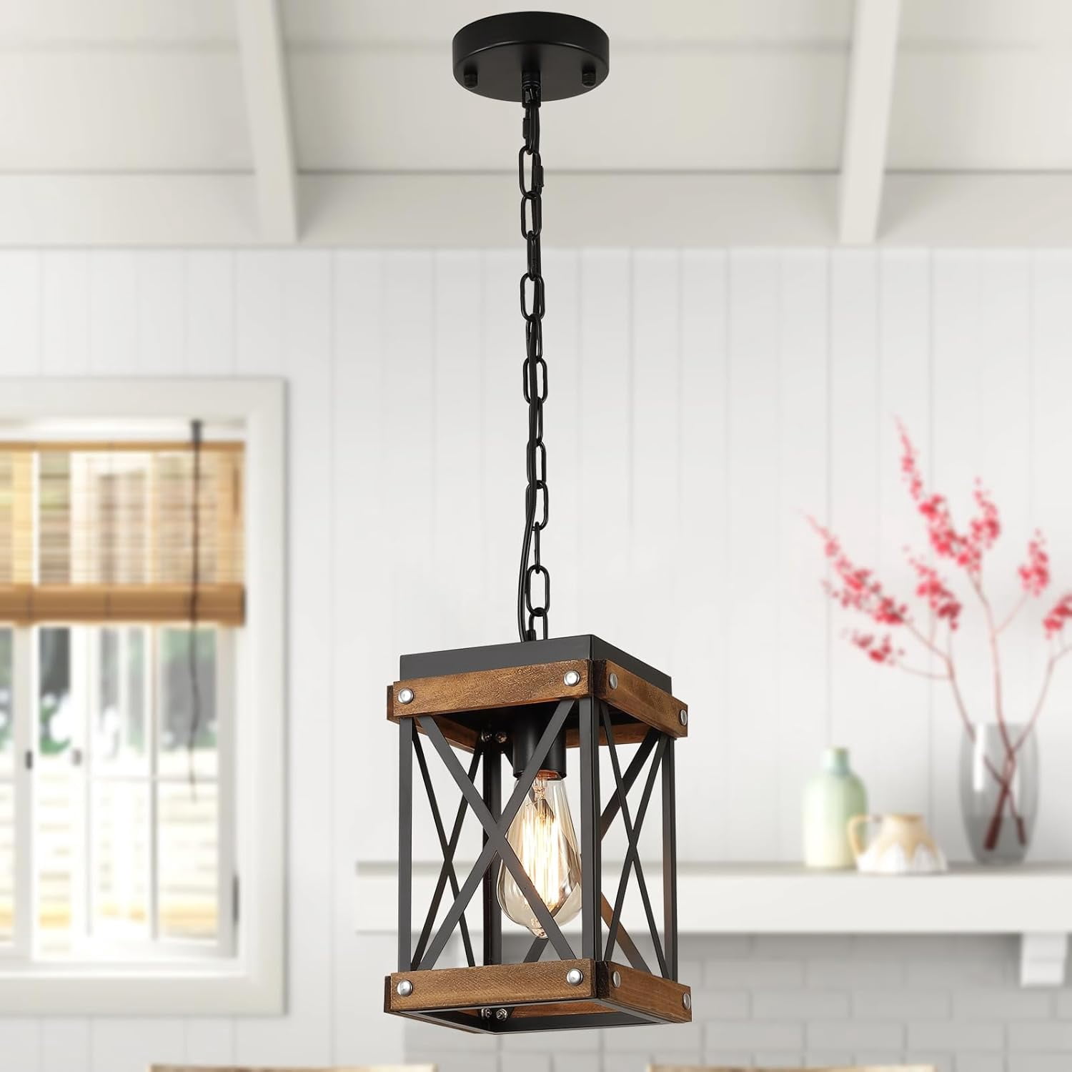 Rustic Farmhouse Wood Pendant Light Fixture One-Light Adjustable Chain ...