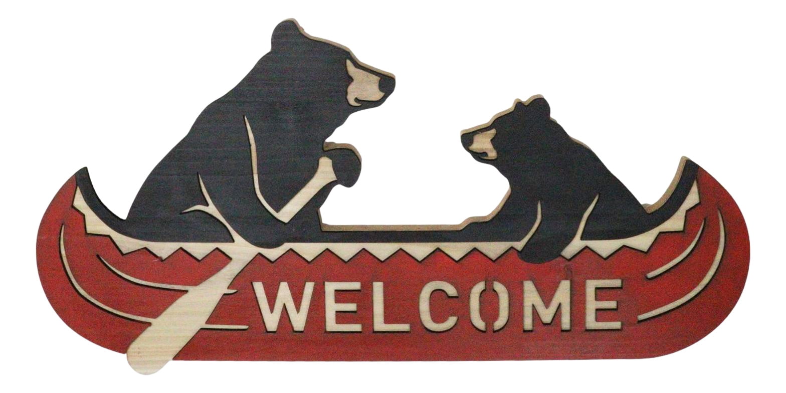 Rustic Father Bear With Cub Rowing Red Canoe Boat Welcome MDF Wall ...