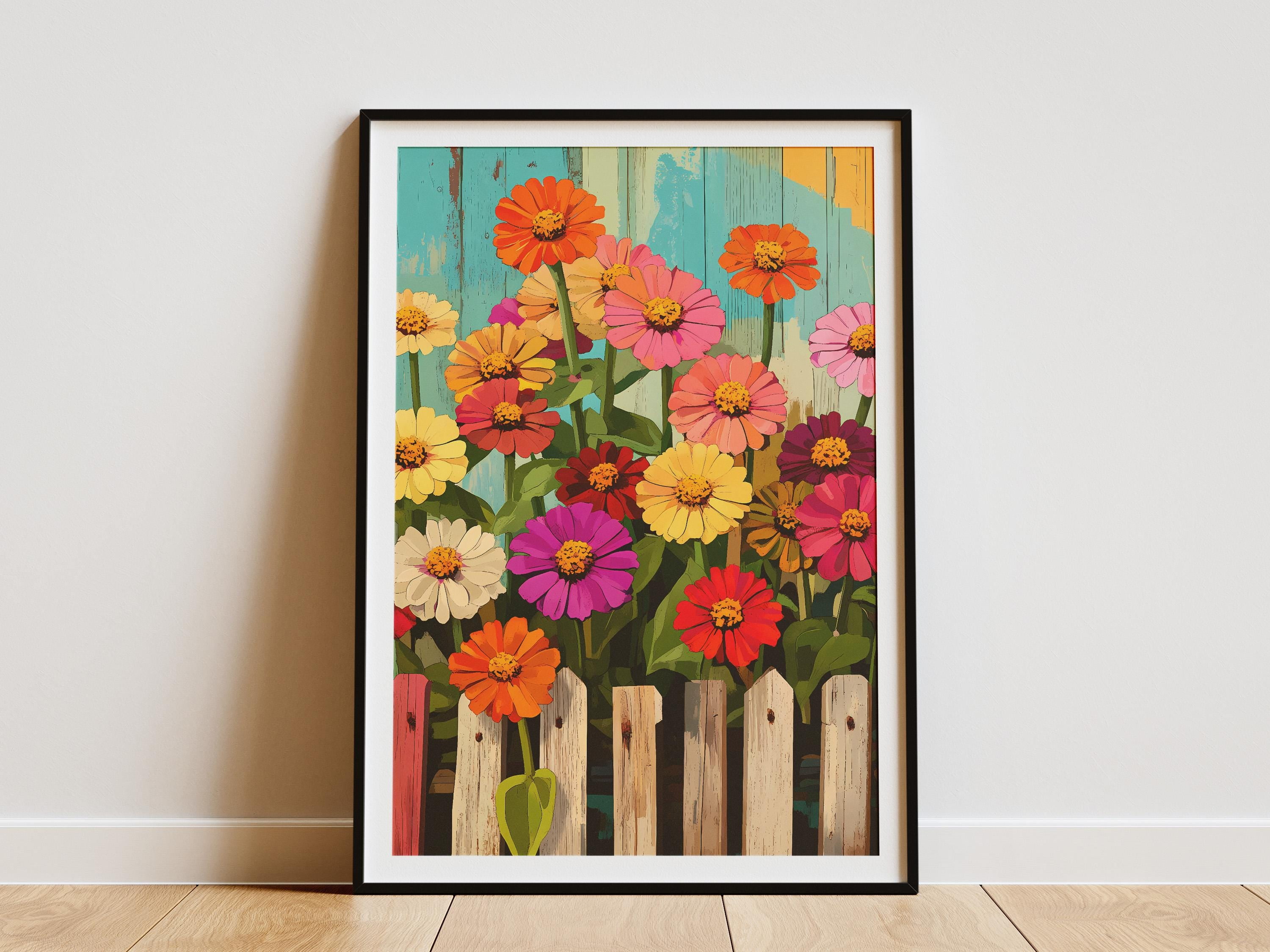 Rustic Fence Zinnias Flower Poster Summer Garden Floral Art Print ...