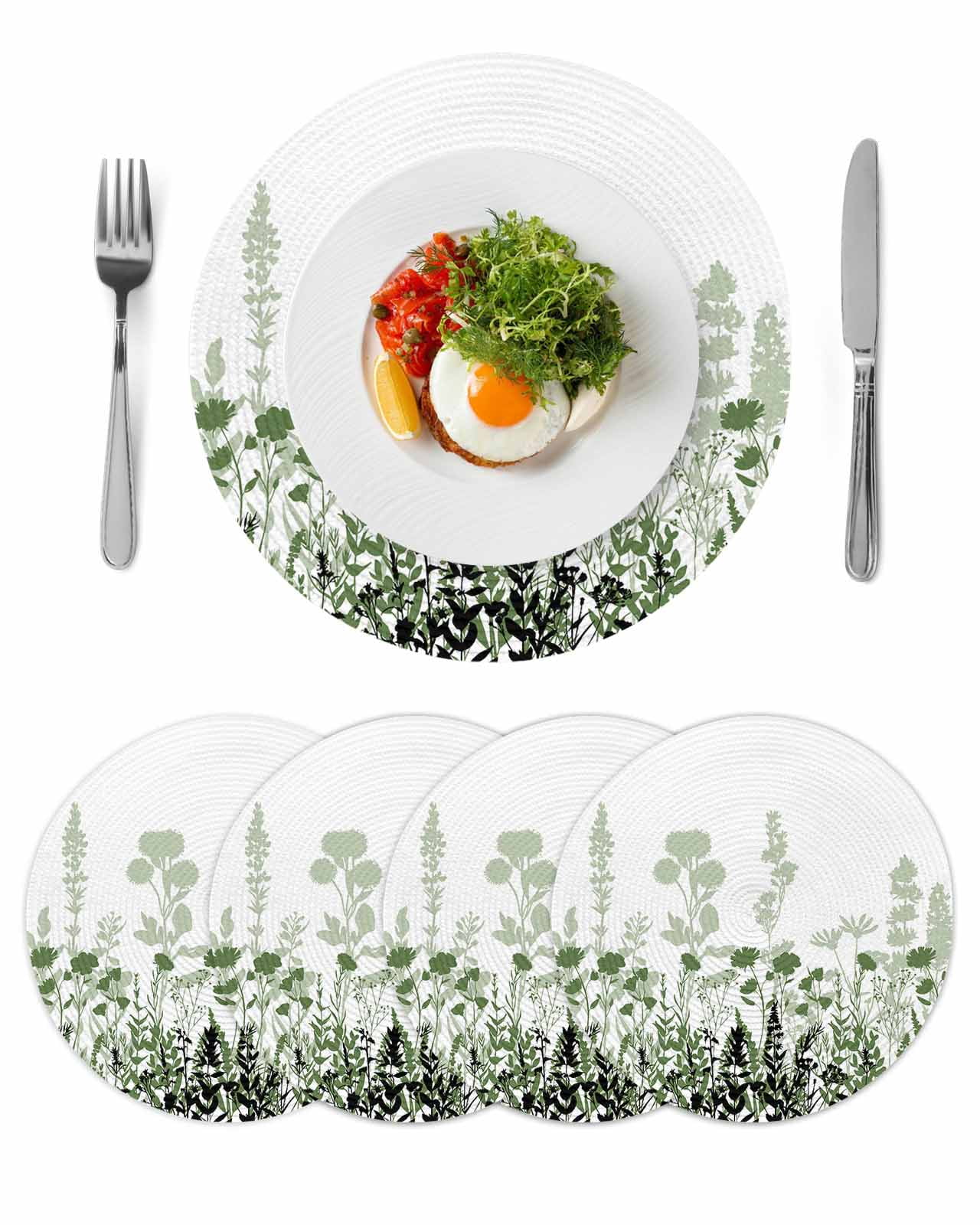 Rustic Field Round Table Placemats set of 4, Silhouette Flower Herb ...