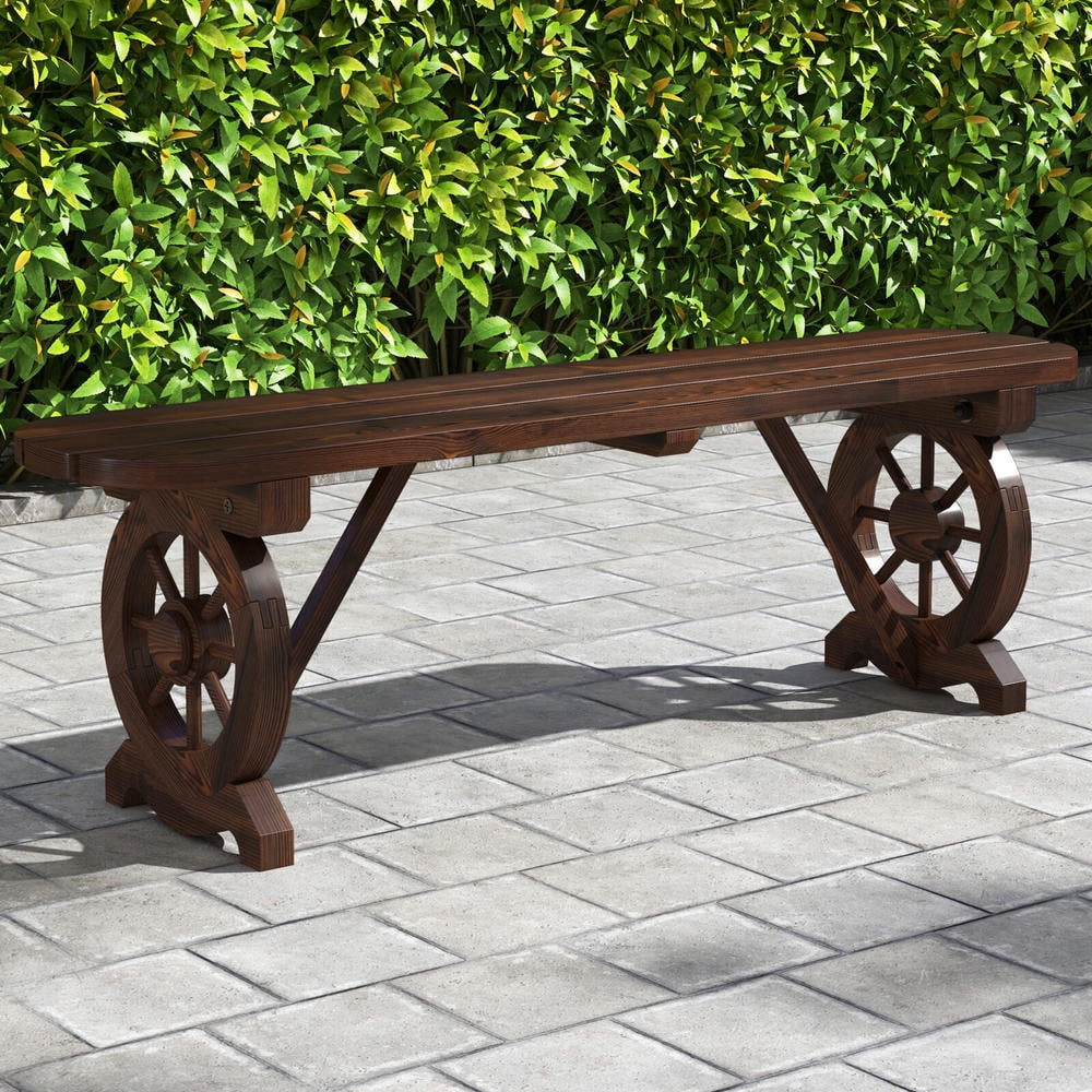 Rustic Fir Wood Patio Bench with Wagon Wheel Base, Slatted Seat ...