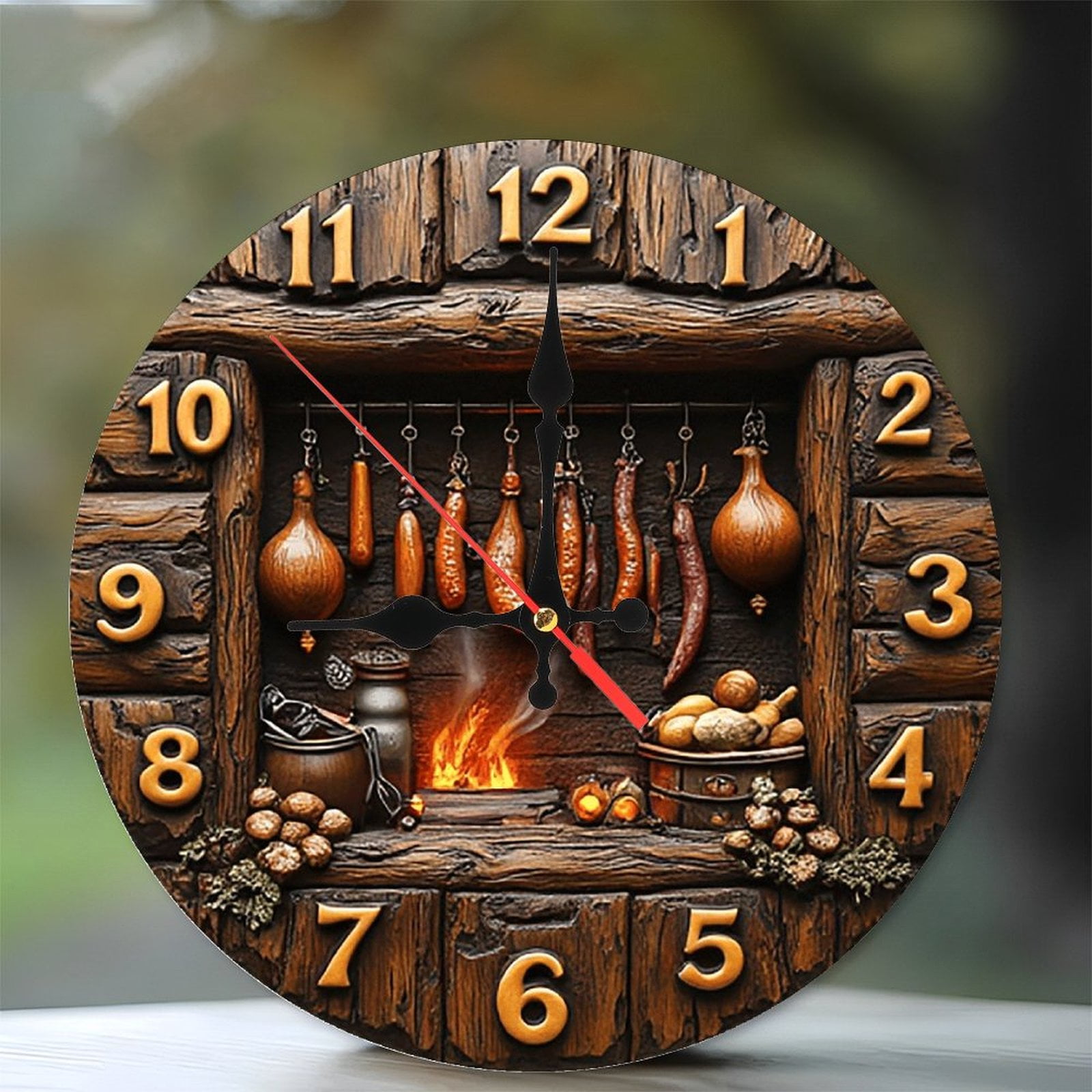 Rustic Fireplace Sausage Clock Wall Decor 10-Inch Silent Wooden Wall ...