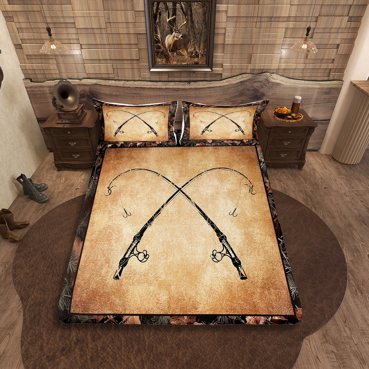 Rustic Fishing Twin Bed Sheets Gifts Men Women,Retro Camo Fishing Rod ...