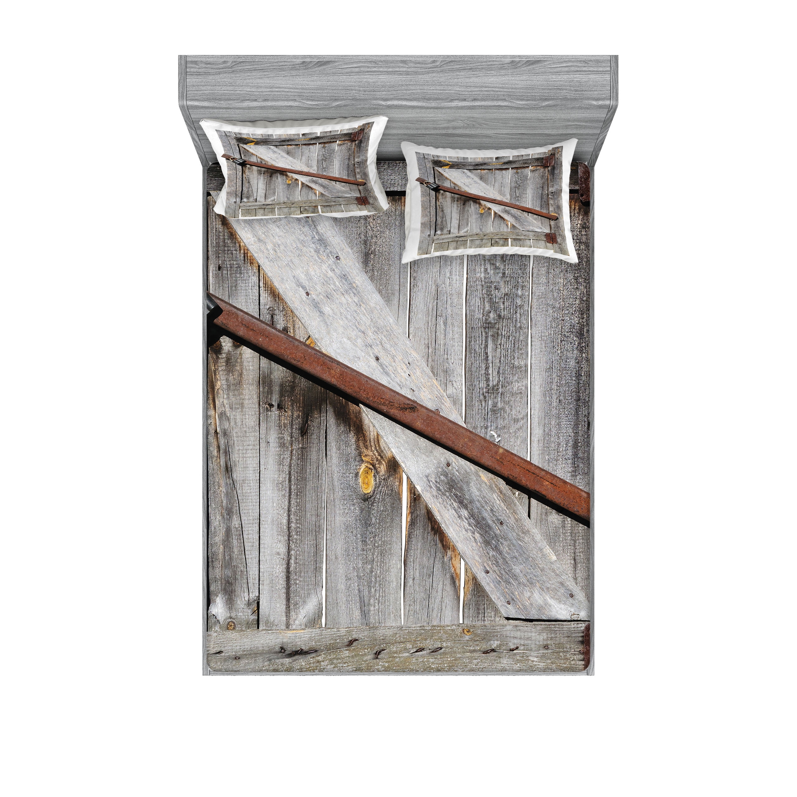Rustic Fitted Sheet & Pillow Sham Set, Aged Wood Barn Door with Rusty ...