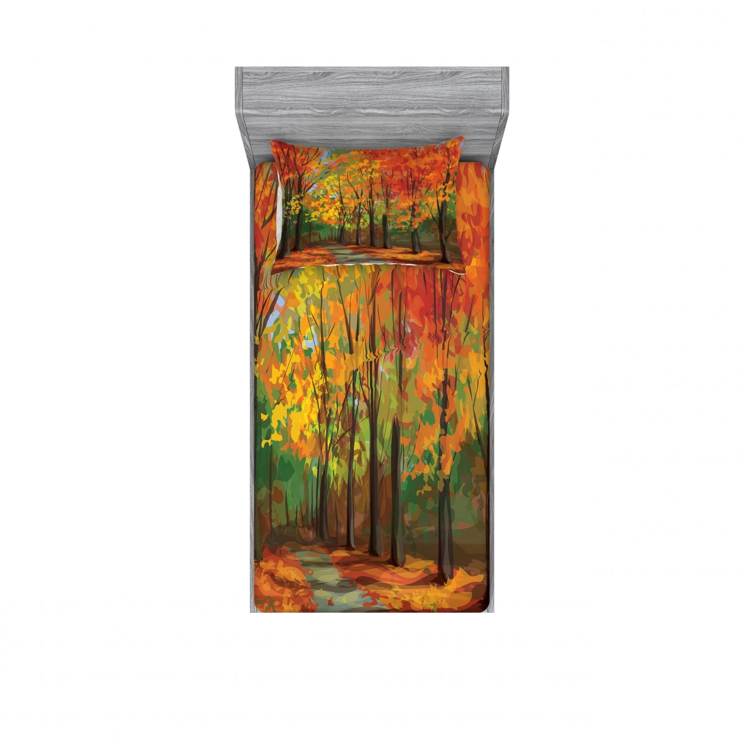 Rustic Fitted Sheet & Pillow Sham Set, North Woods Falling Leaves Fall ...